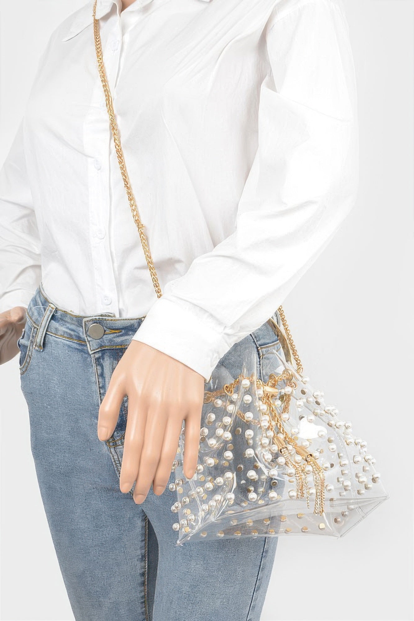 Clear Pearl Stud Bucket Bag W/chain Tassle