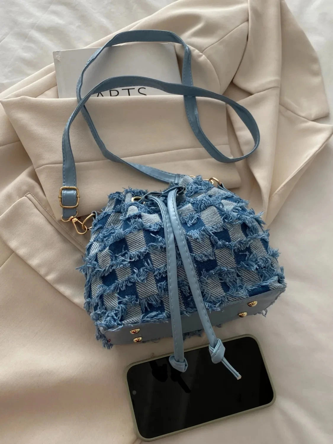 Drawstring Raw Edge Bucket Bag